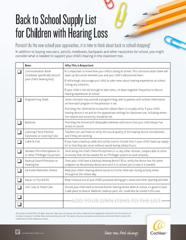 Back to school supply list for children with hearing loss - Cochlear ...